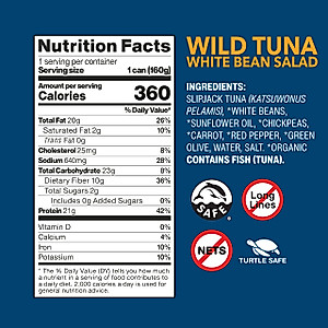 Wild Planet Ready-To-Eat Wild Tuna White Bean Salad With Organic Chickpeas, Carrots, Red Peppers & Green Olives 5.6oz, Pack Of 4