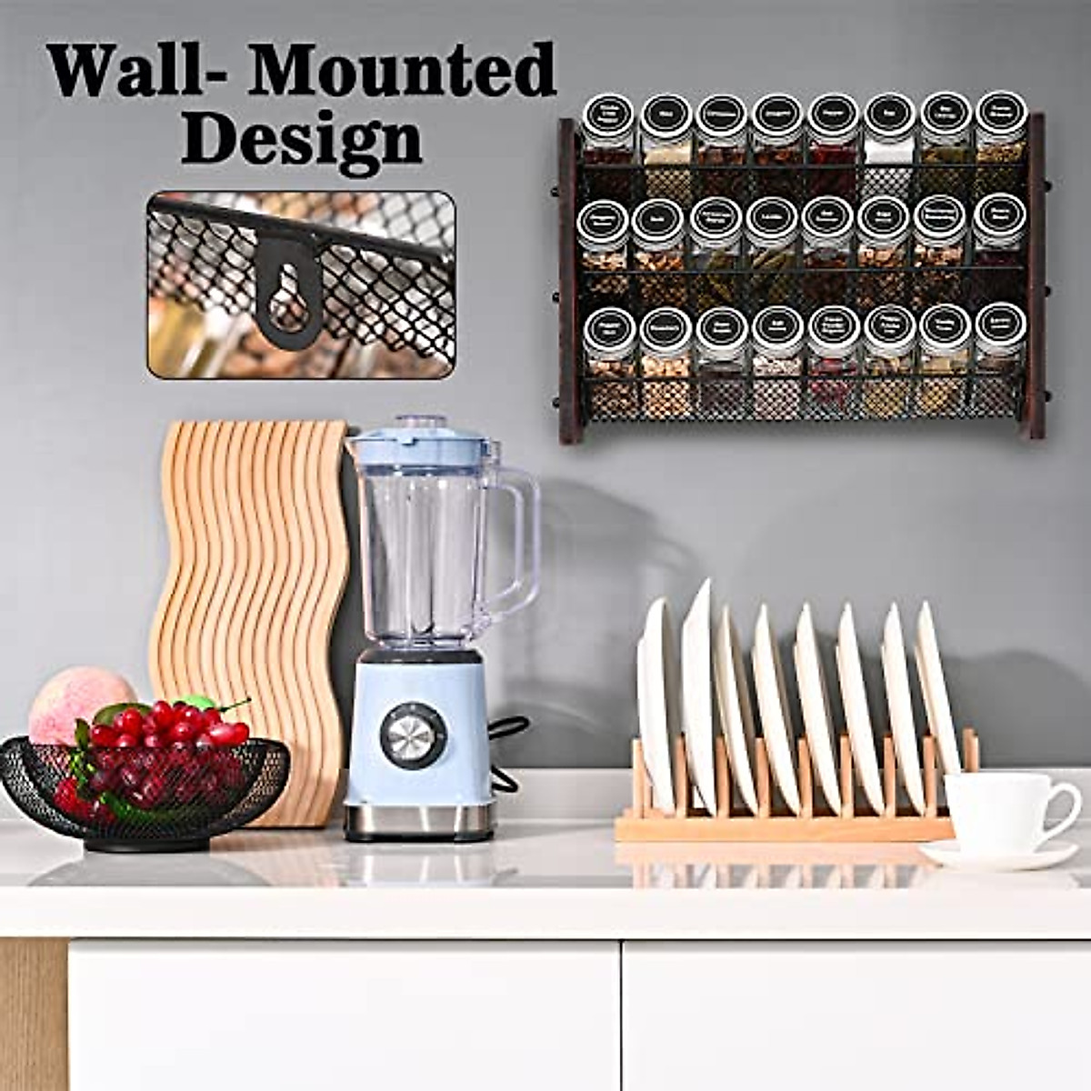 Roykoota Spice Rack, Spice Rack Organizer without Seasoning Jars, Wooden Spice Organizer, Rustic 3 Tier Kitchen Spice Rack Shelf for Cabinet, Countertop or Wall Mount