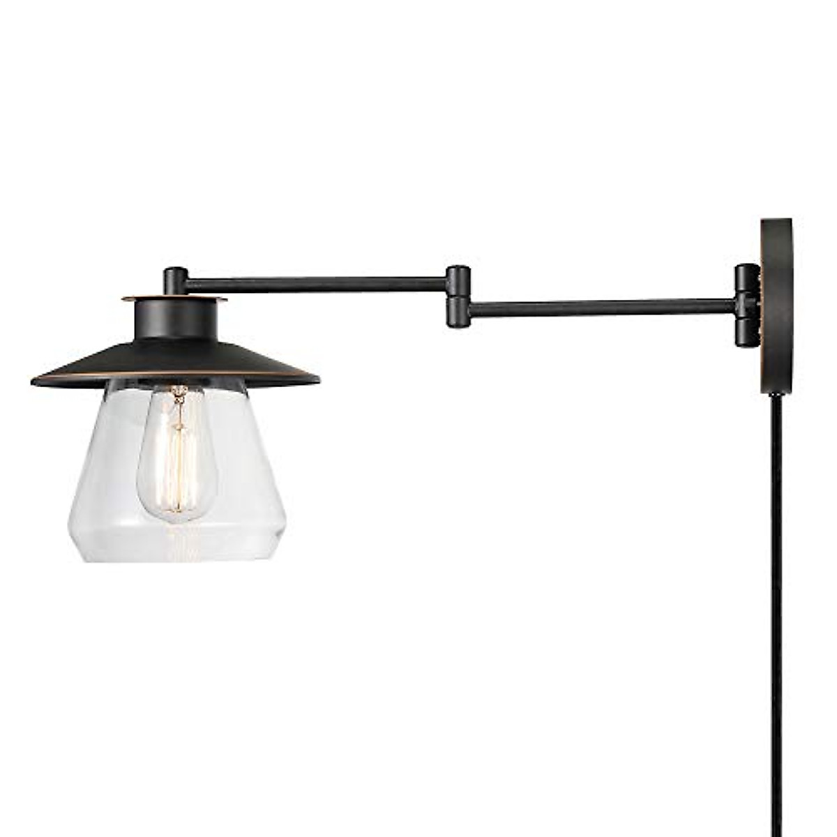 Globe Electric 51543 Nate 1-Light Plug-in or Hardwire Swing Arm Wall Sconce, Oil Rubbed Bronze, Clear Glass Shade, 6ft Black Fabric Covered Cord, Inline On/Off Rocker Switch