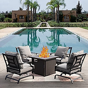 Grand patio 5PCS Patio Furniture Sets with 30 Inch 50,000 BTU Steel Square Propane Fire Pit Table,4 Rocking Metal Frame Chairs with Gray Cushions