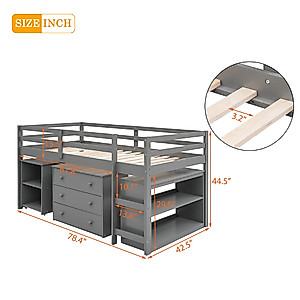 Harper & Bright Designs Twin Size Low Loft Bed with Desk and Storage Cabinet, Wooden Low Study Loft Bed with Drawers, for Kids Teens Girls Boys - Gray