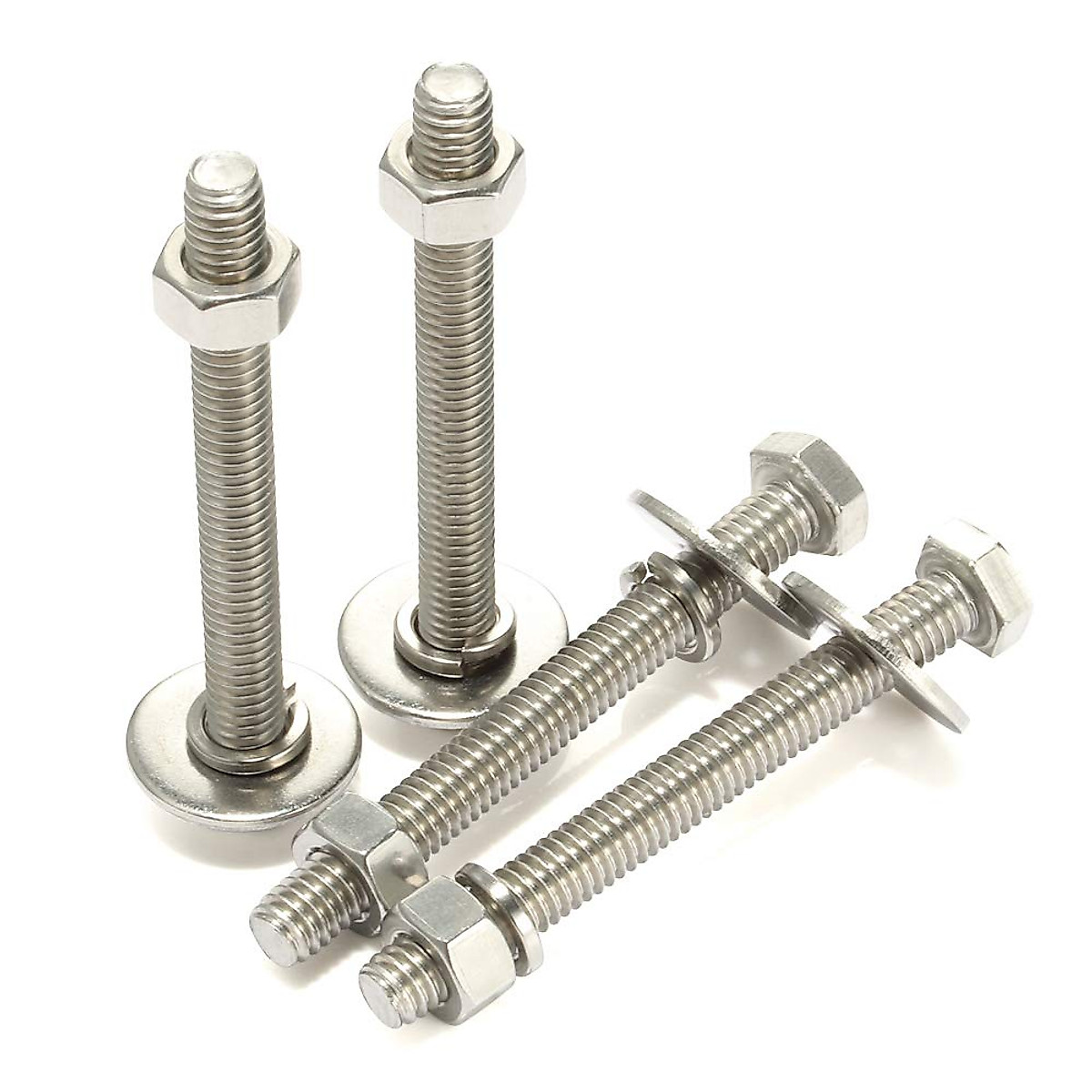 1/4-20 x 4 Hex Head Bolts with Hex Nuts and Thick Flat & Lock Washers, Fully Threaded, Stainless Steel 18-8, Plain Finish, 8 Sets