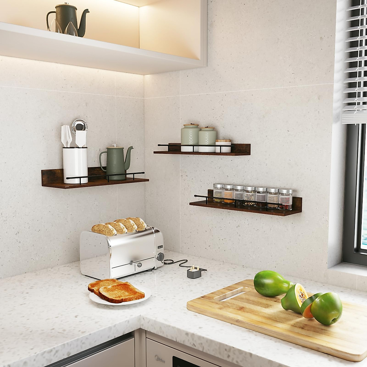 Giftgarden 16 Inch Brown Floating Shelves with Black Metal Guardrail, Wood Shelves for Wall Storage Set of 3, Wall Shelf for Bathroom Bedroom Living Room Kitchen Nursery