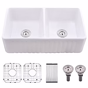 33 Inch Double Bowl Farmhouse Sink White -Bokaiya 33x18 Inch Fireclay Apron Front Double Bowl Kitchen Sink Porcelain Ceramic Reversible 50/50 Double Bowl Farm Sink
