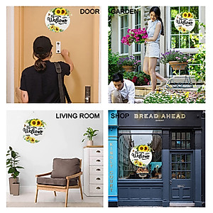 Autonomier Sunflower Welcome Sign for Front Door 12 Inch Sunflower Front Porch Decor Farmhouse Rustic Round Wooden Hanging Sign with Artificial Sunflower and Eucalyptus Leaves for Home Garden (White)