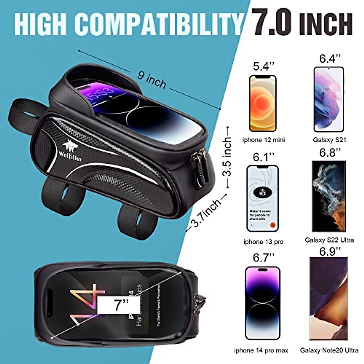 WOLFILIST Bike Bag, Waterproof Bike Frame Bag with Sun-Visor Rain Cover, Bike Phone Holder with TPU Sensitive Touch Screen