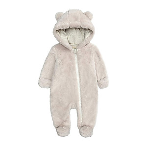 Baby Boys Girls One Piece Romper Cute Cartoon Bear Pattern Snowsuit Warm Winter Fleece Hooded Jumpsuit for 0-3 Month Baby Beige