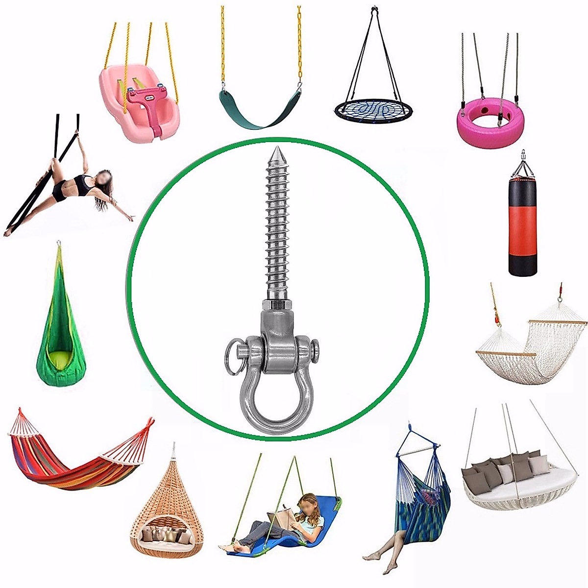 GW Gwongvvei 2 Pcs Screws,Permanent Antirust 304 Stainless Steel Bracket Heavy Duty 180° Swing Hangers, 1200LB Capacity Playground Yoga Hammock Rope Tire Web Chair Sandbag Punching Bag Swing Sets