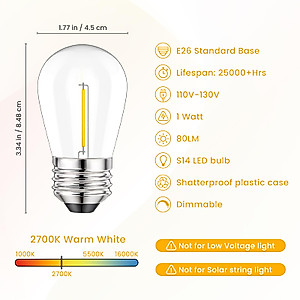 Svater Replacement Bulbs for Outdoor String Lights, 15 Pack S14 LED Bulbs for Patio, E26 Base 1W Bulb Equal to 11W Incandescent, Dimmable,Shatterproof 2700K Warm White