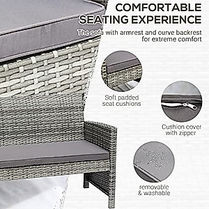 Outsunny 4pcs Outdoor Patio Furniture Set, 2 Plastic Rattan Chairs, 1 PE Wicker Loveseat Sofa, 1 Center Coffee Table with Tempered Glass Table-Top, Soft Cushions for Backyard, Garden, Light Grey