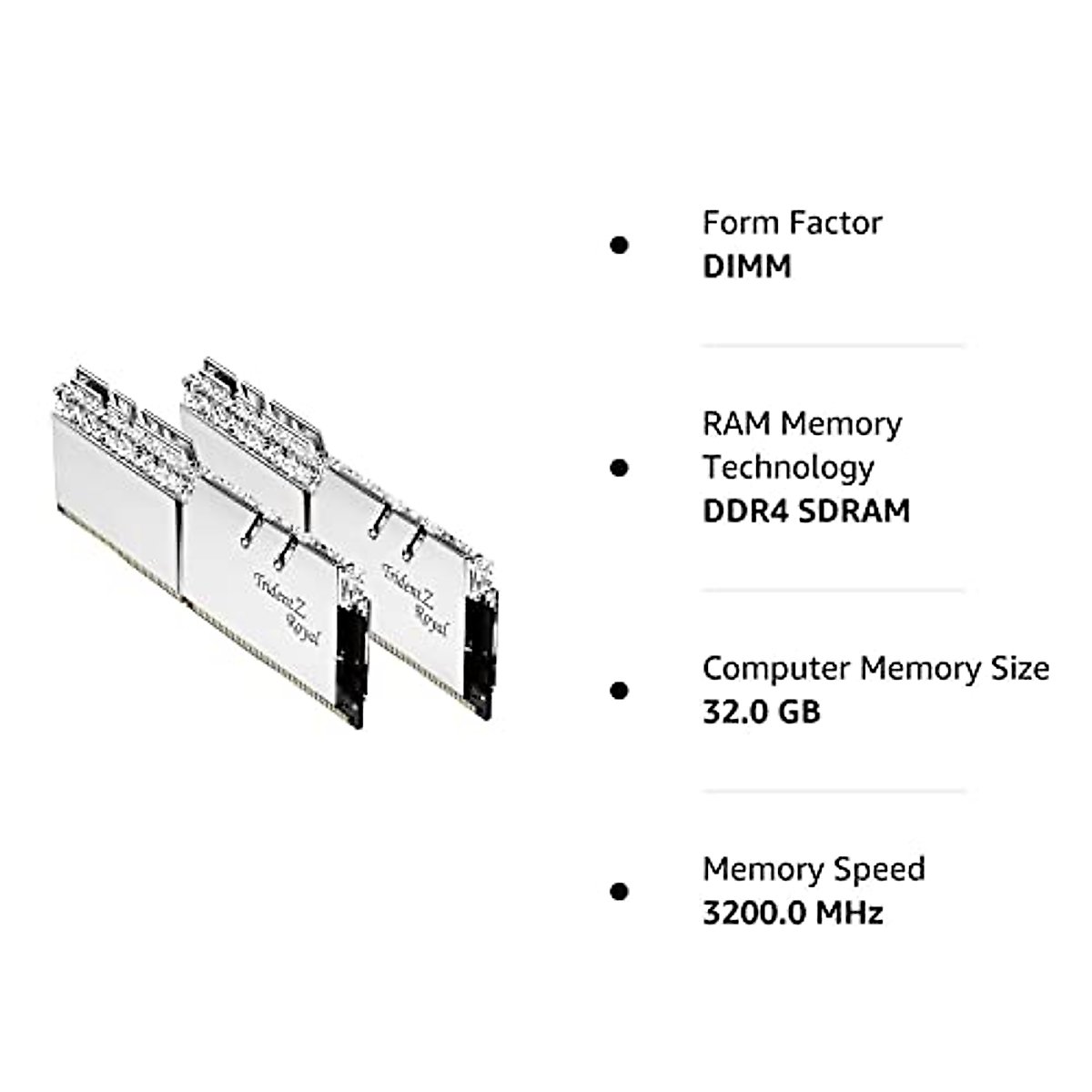 G.SKILL Trident Z Royal Series (Intel XMP) DDR4 RAM 32GB (2x16GB) 3200MT/s CL16-18-18-38 1.35V Desktop Computer Memory UDIMM - Silver (F4-3200C16D-32GTRS)