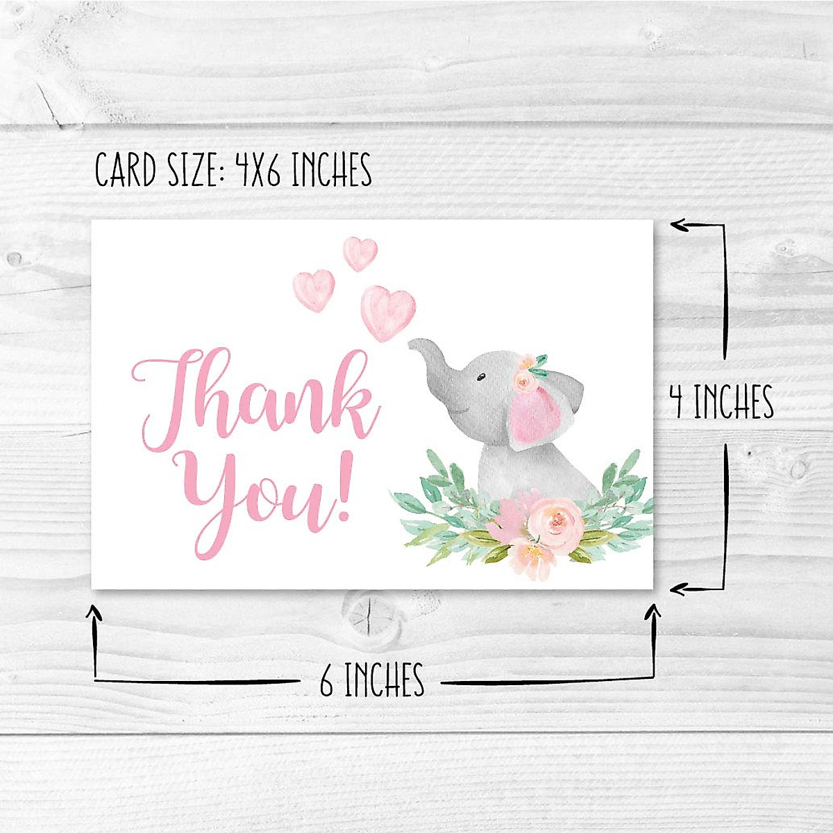 Hadley Designs 24 Pink Floral Elephant Baby Shower Thank You Cards With Envelopes, Kids Thank You Note, Vintage Animal 4x6 Varied Gratitude Card Pack For Party, Modern Event Stationery