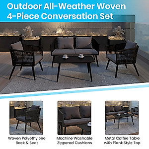 Flash Furniture Kierra 4 Piece Indoor/Outdoor Seating Set - Black Woven Back & Seat - Gray Zippered Removable Cushions - Aluminum Frames - Black Metal Plank Top Table
