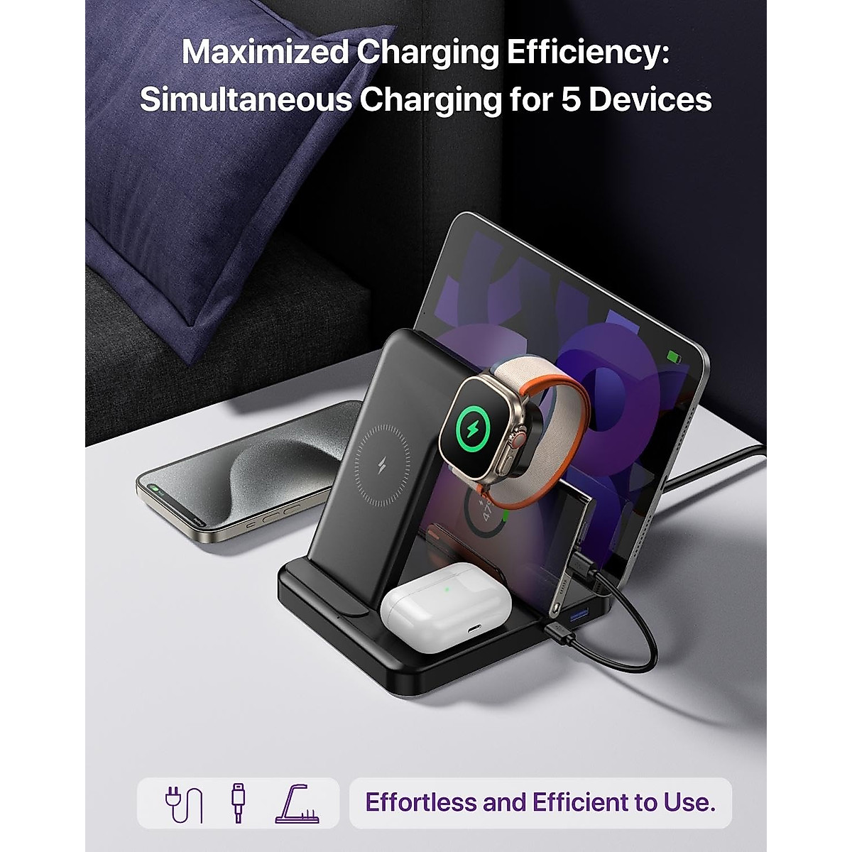 Caxdon 5-in-1 Charging Station, for iPhones 15 Pro/15 Pro Max/15, iPad Pro/Air/Mini, Apple Watch 9/Ultra 2, iPad Charging Station, Wireless Charging Dock for Apple Multiple Devices (G805, Black)