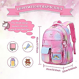 PIG PIG GIRL Girls Backpack, Functional Pockets Kids Backpack Kawaii Lightweight School Backpack Watrer Resistant Book Bag with Unicorn Pendant for Primary Elementary School,Pink