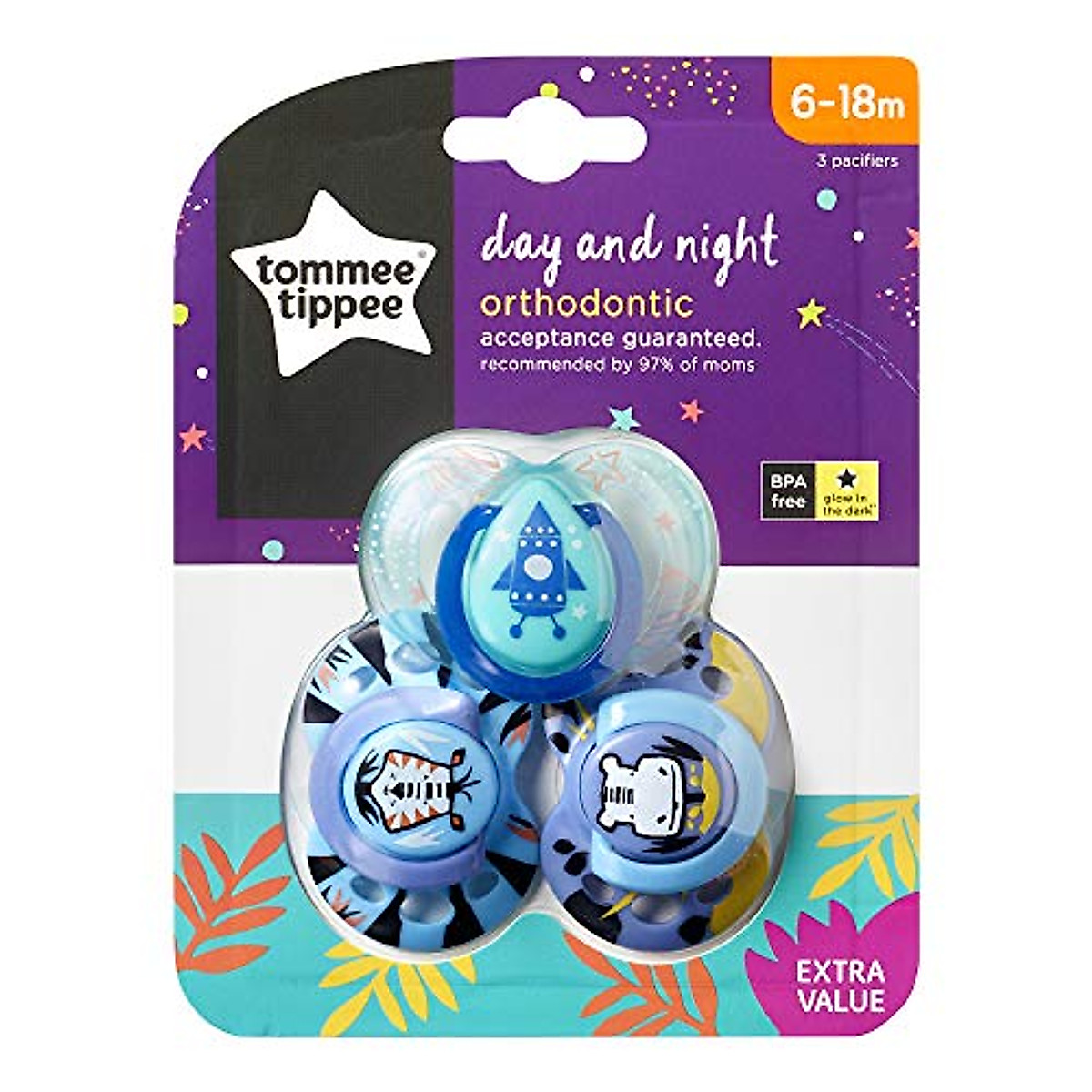 Tommee Tippee Day And Night Pacifiers, Symmetrical Design, BPA-Free Silicone Binkies, 6-18m, 3-Count, Colors And Designs May Vary