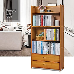 MoNiBloom 4 Tier Bookcase with 2 Drawers, Bamboo Large Multifunctional Shelf Storage Organizer Book Display Shelves for Home Living Room Office, Brown