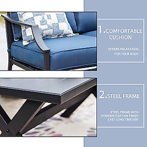 LOKATSE HOME 2 Pieces Outdoor Patio Conversation Furniture Metal Bench Sofa Set Loveseat with Cushion and Coffee Table, Blue