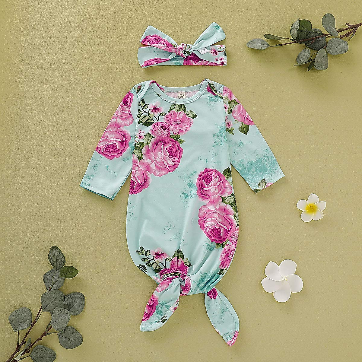 Infant Newborn Baby Girls Floral Sleep Gown Headband Sleepwear Romper Sleeping Bags Outfits (Green, 0-3 Months)