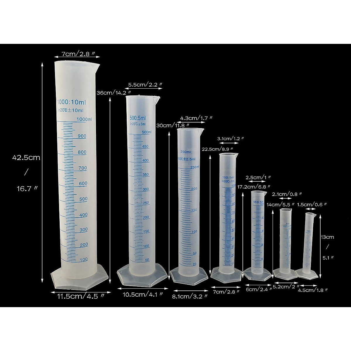 Plastic Transparent Blue Line Liquid Graduated Measuring Cylinder Lab Test Tube 10ml /25ml /50ml /100ml/ 250ml /500ml / 1000ml Pack Of 7