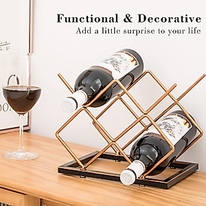 LEYON Tabletop Wine Rack 5 Bottles Wine Bottle Holder Countertop Wine Storage Rack Metal Wine Bottles Organizer Home Decorations for Kitchen Bar Cabinet (5 Bottles, Retro Gold)