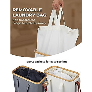 yamagahome Slim Laundry Basket with lid 52L, Collapsible Narrow Laundry Hamper with Removable Washable Laundry Bag, Thin Hamper Storage Basket Made of Bamboo and Oxford for Bedrooms, Bathroom, RV