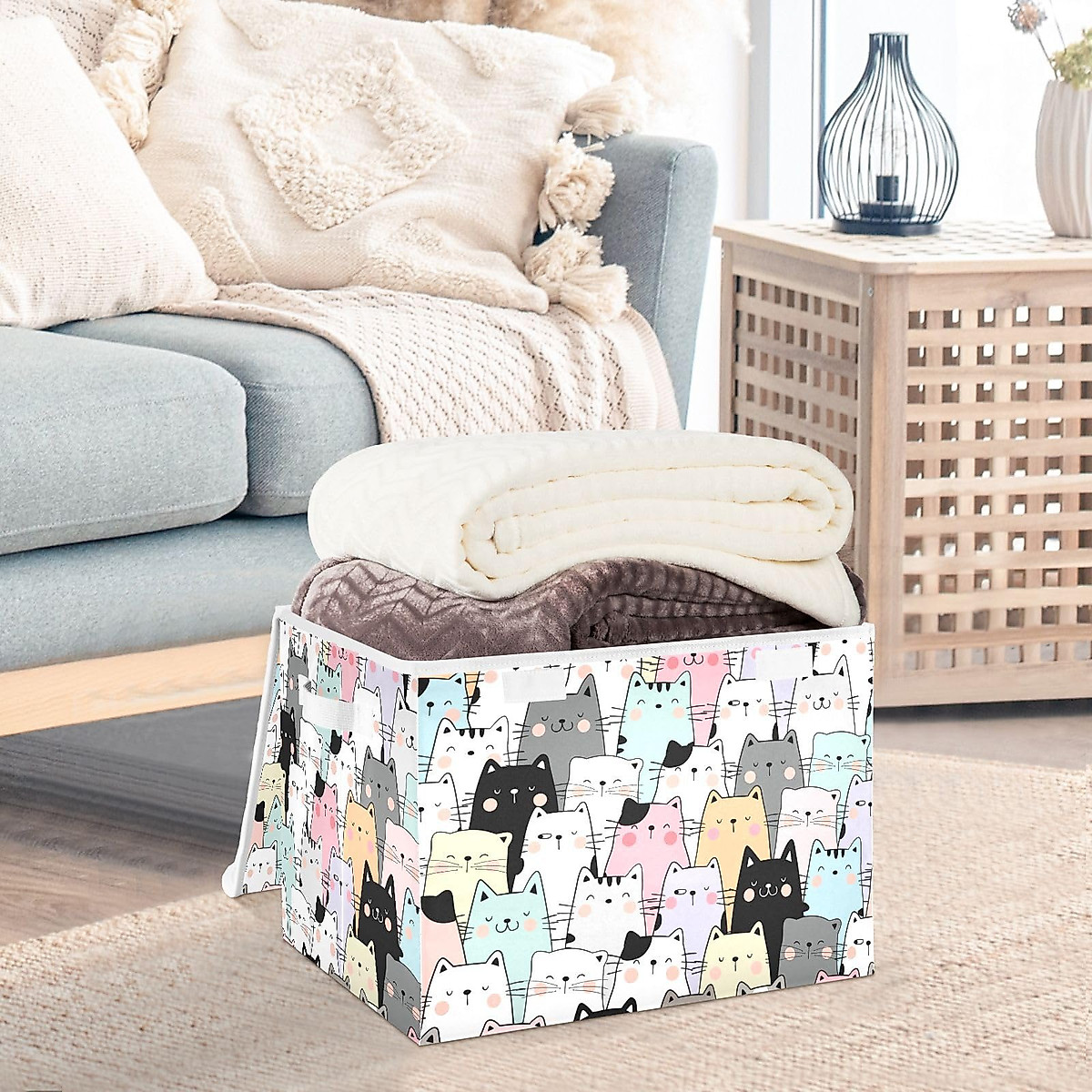 ALAZA Collapsible Large Storage Bin with Lid, Cute Cat Funny Face Foldable Storage Cube Box Organizer Basket with Handles, Toy Clothes Blanket Box for Shelves, Closet, Nursery, Playroom