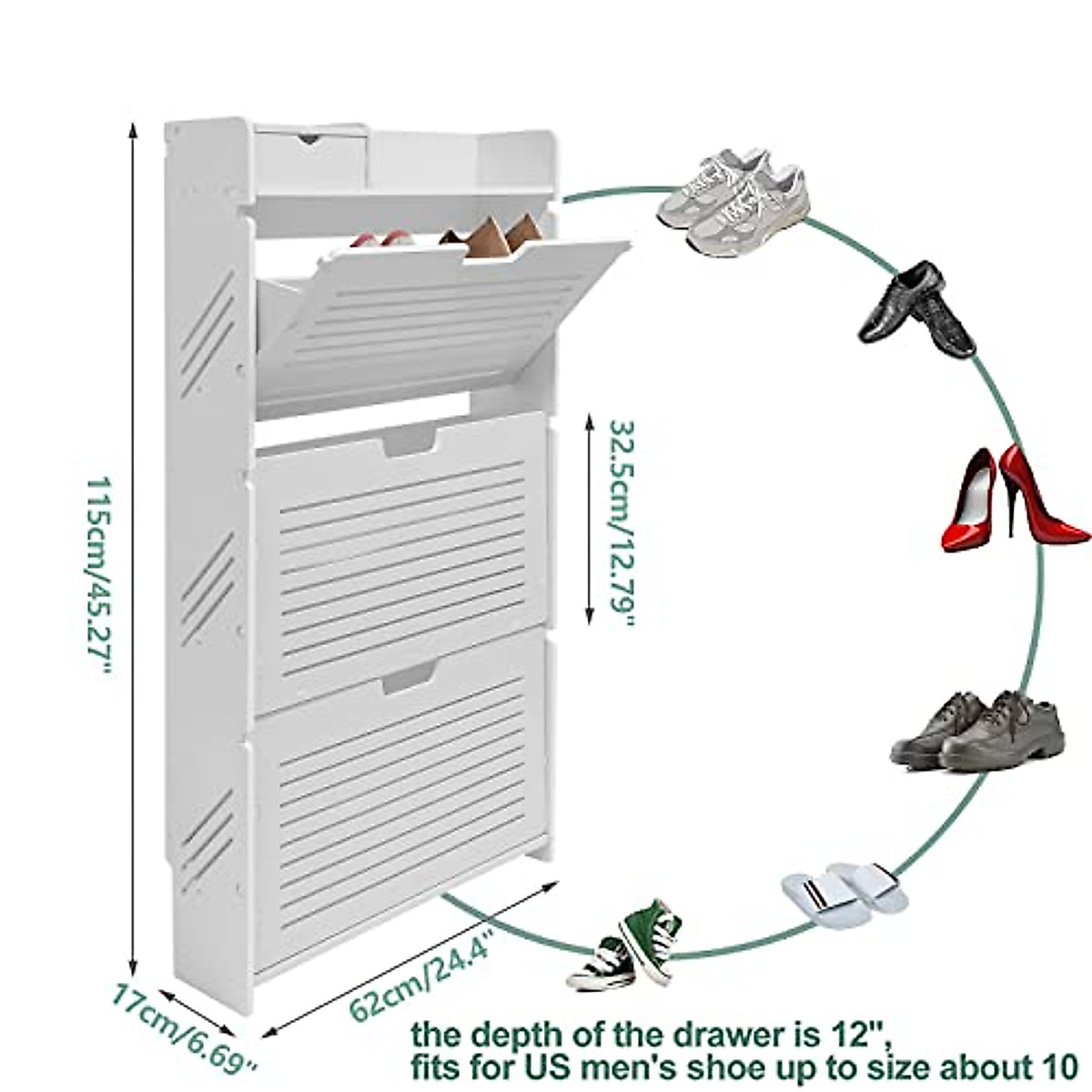 foriy Shoe Cabinet for Entryway Slim 7" Thick Hidden Shoe Storage with 3 Flip Drawers Free Standing Narrow Shoe Cabinet Rack Organizer with Pull-Down Flip Doors Adjustable Shelves Louvered Doors White