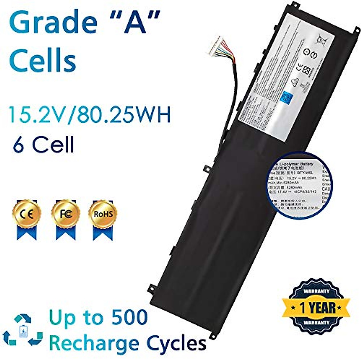 LAQUEENA BTY-M6L Laptop Replacement Battery for MSI GS65 Stealth Thin 8RF 8RE 9RE PS42 8RB P65 Creator 8RD 8RE MS-16Q2 MS-16Q3 PS63 Modern 8RC GS75 8SG Series MS-16Q2 MS-16Q21 15.2V 80.25WH 6-Cell