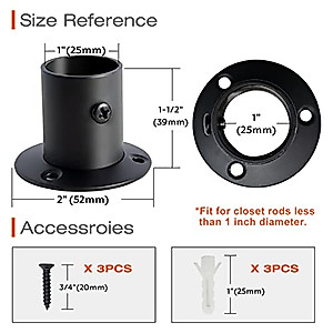 KOVOSCH 4 Pack Stainless Steel Closet Rod Brackets, 1 Inch Heavy Duty Closet Rod Holders, High Flange Closet Pole Sockets Flange Rod End Support with Adjustable Screws, Black