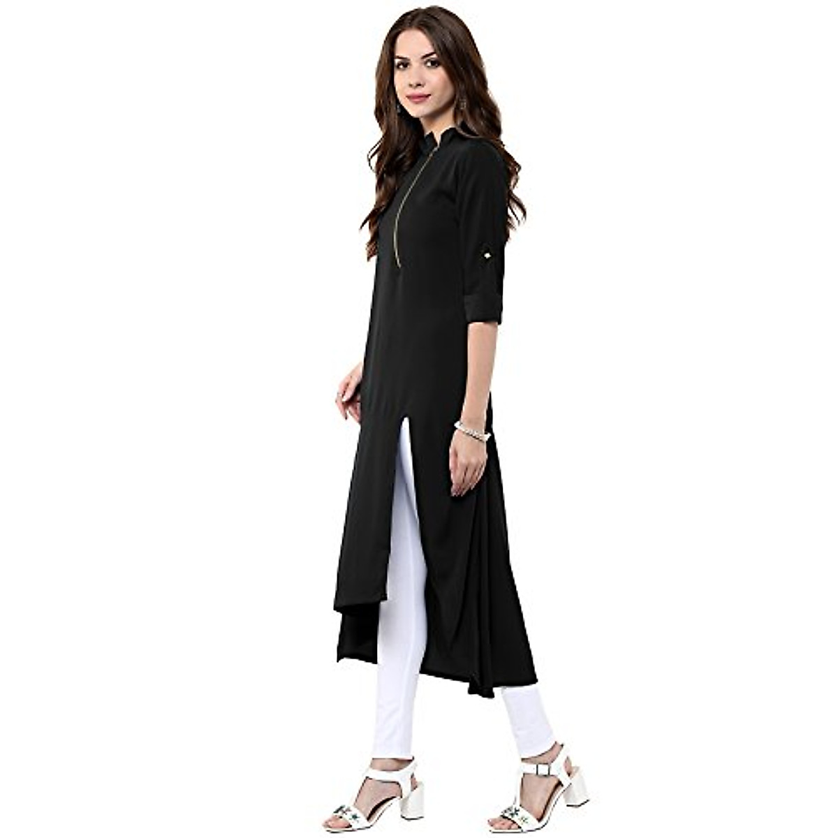 Janasya Women's Crepe Kurti Tunic Tops,Black,Large