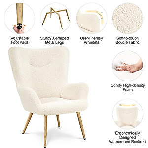 Yaheetech Accent Chair, Modern Boucle Vanity Chair with High Back and Wood-Tone Metal Legs, Sherpa Chair for Living Room, Home Office, Ivory