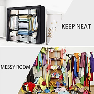 LOKEME Portable Closet, 55.5 Inch Wardrobe Closet for Hanging Clothes with 2 Hanging Rods, 9 Clothes Storage Organizer Shelves, Black Closet Extra Durable, Quick and Easy to Assemble