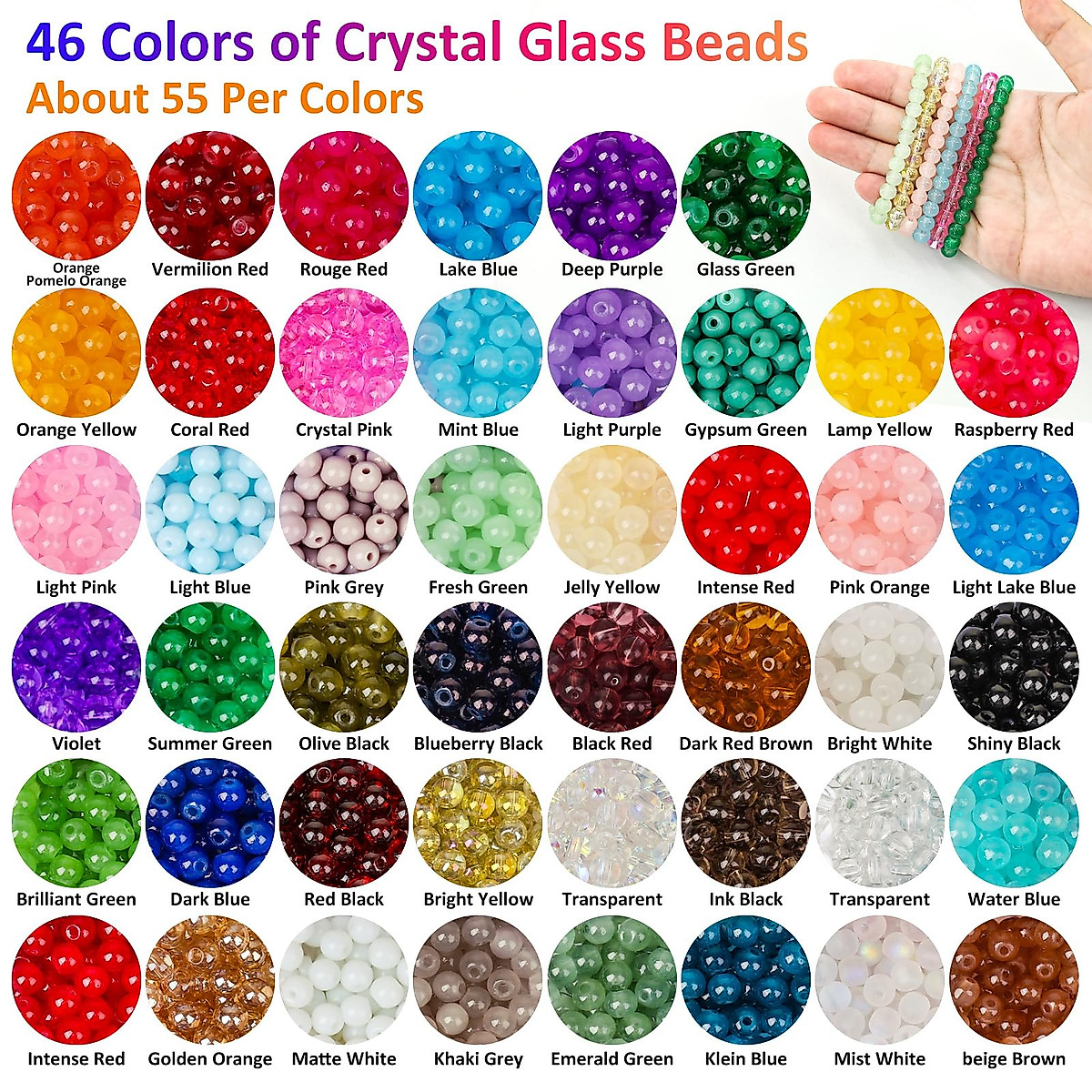 XSEINO 2500 PCS 46 Colors Glass Beads，6mm Round Crystal Beads for Jewelry Making,for Bracelets Jewelry Making and DIY Crafts