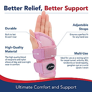 Dr. Arthritis Doctor Developed Fitted Wrist Brace for Carpal Tunnel Syndrome, Tendonitis and other Wrist Conditions, Splint Support Single (Pink, Left Hand)