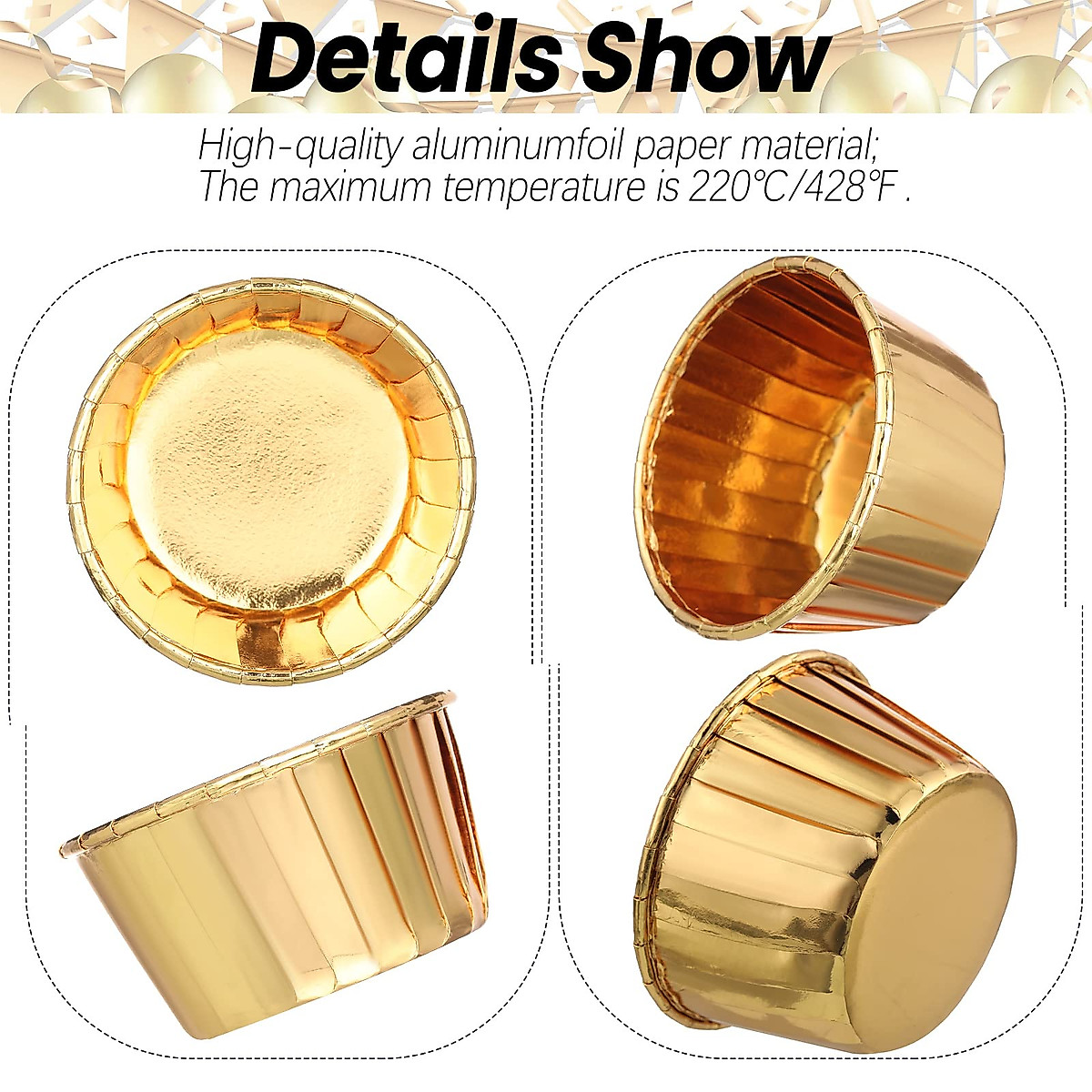 Gandeer 300 Pack Gold Cupcake Cups Disposable Foil Muffin Liners 3.5 oz Wrappers for Baking Aluminum Paper Mini Metallic Party Wedding Festival