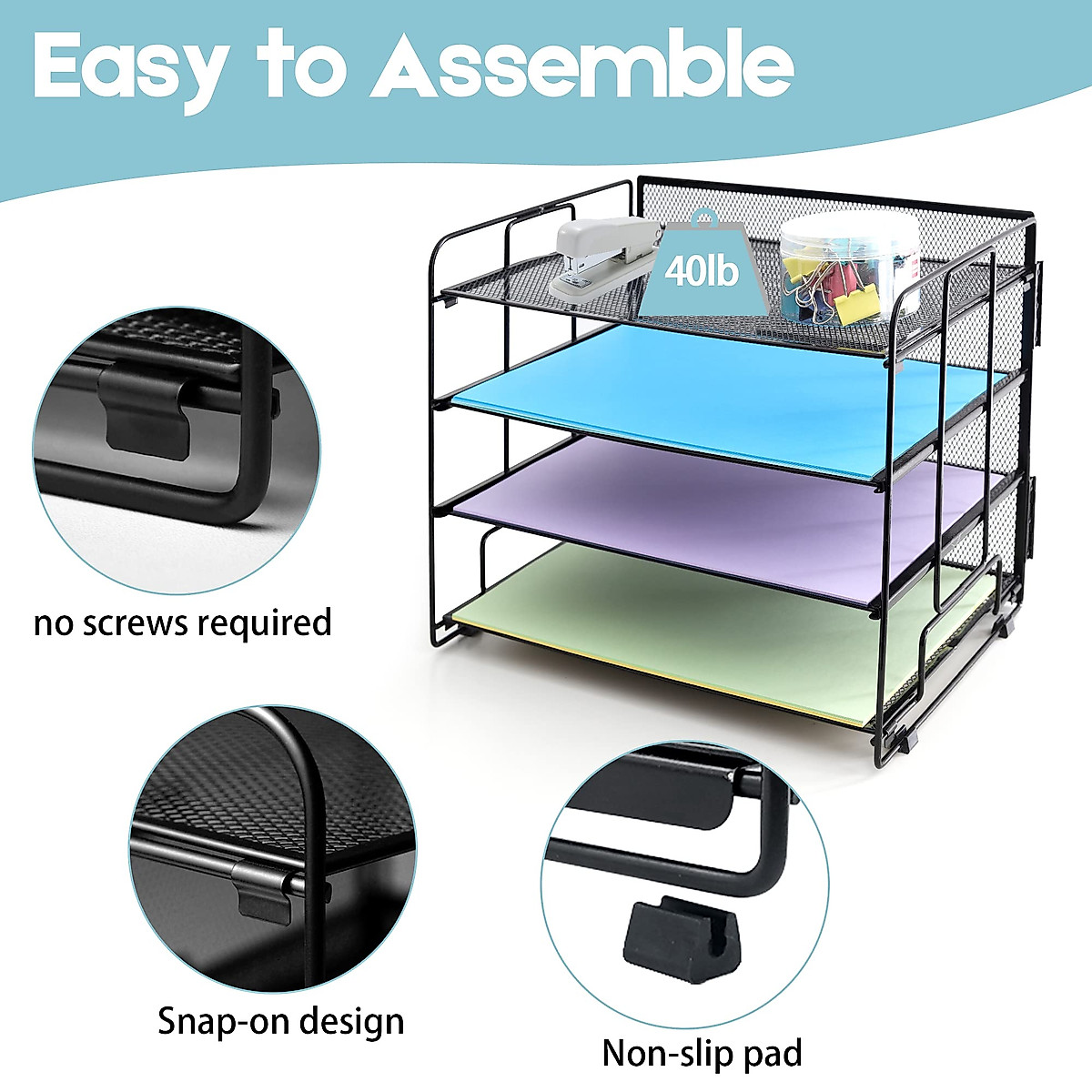 Hiaksedt Desk Organizers 4-Trays Desk File Organizers with 2 Hanging Pen Holders and Drawer,Paper Organizer for Desktop and Storage,Mesh Metal Office Supplies for Home Office