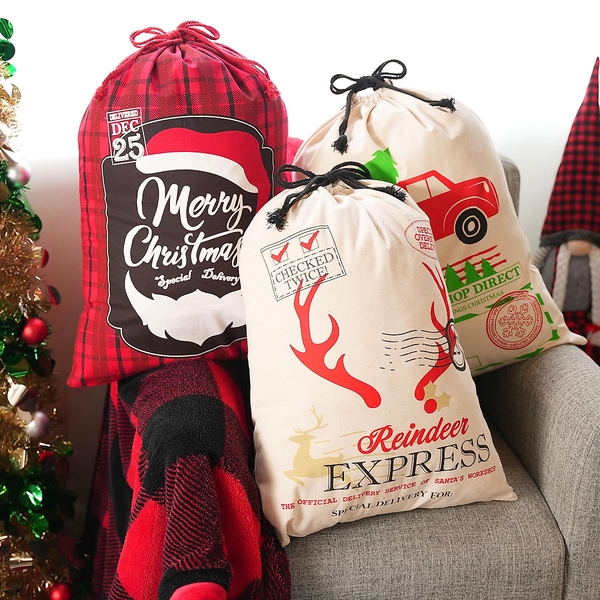 JOYIN 3 Santa Sacks Christmas Canvas Burlap Gift Bags Personalized Storage with Drawstring for Extra Large Xmas Stuffers Presents Bags, Party Favor Decorations