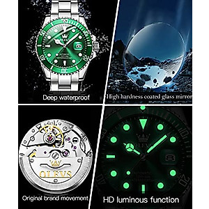 Men Automatic Wirst Watches Self Winding Silver And Green Automatic Watches for Men Mechanical Waterproof Big Face Stainless Steel Date No Battery Watches Man Luminous Submariner Wristwatch Gift