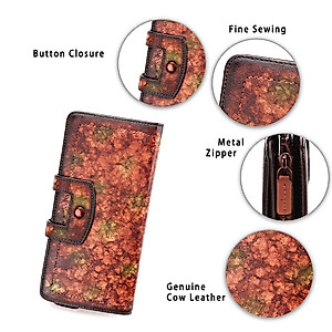 IVTG Genuine Leather Long Wallets for Women RFID Blocking Vintage Handmade Money Clip Card Holder with Zipper (Light Brown)