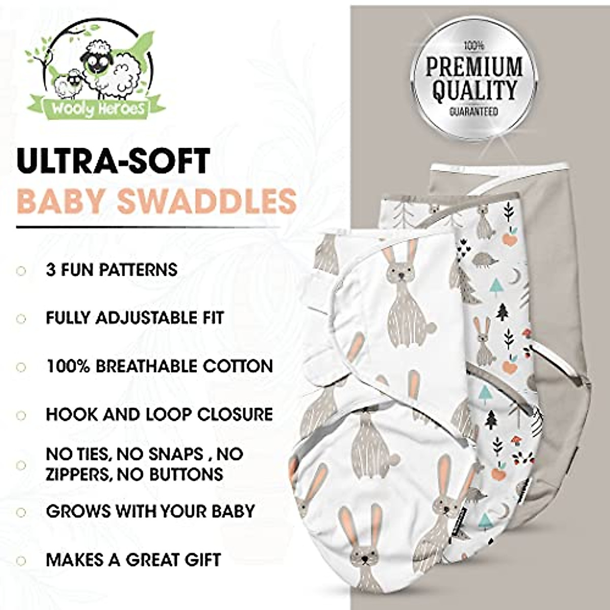 WOOLY HEROES Newborn Swaddle Blankets ~ 100% Cotton Baby Swaddles 0-3 Months ~ Easy to Use Newborn Sleep Sacks with a Leg Pocket and Adjustable Straps - Swaddle Sack for Baby Boys & Girls - Pack of 3