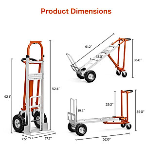 Oarlike 4-in-1 Aluminum Hand Truck, 800 lbs Capacity Heavy Duty Dolly Cart with 10" Rubber Wheels, Industrial Folding Dolly for Moving, Transport in Warehouse, Supermarket, Garden, Home