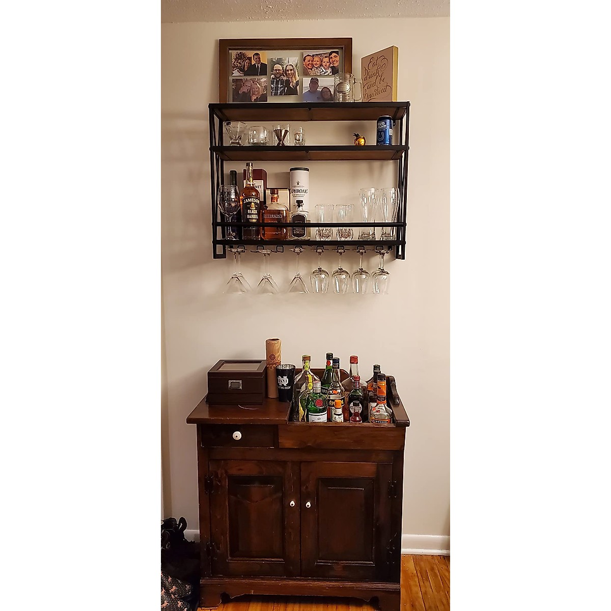 SSS Furniture Industrial Wine Rack Wall Mounted with 8 Stem Wine Glass Holder, 31.5in Hanging Wall Wine Rack Floating Bar Shelves, 3-Tier Wood Shelves Wine Shelf Home Décor Display Rack