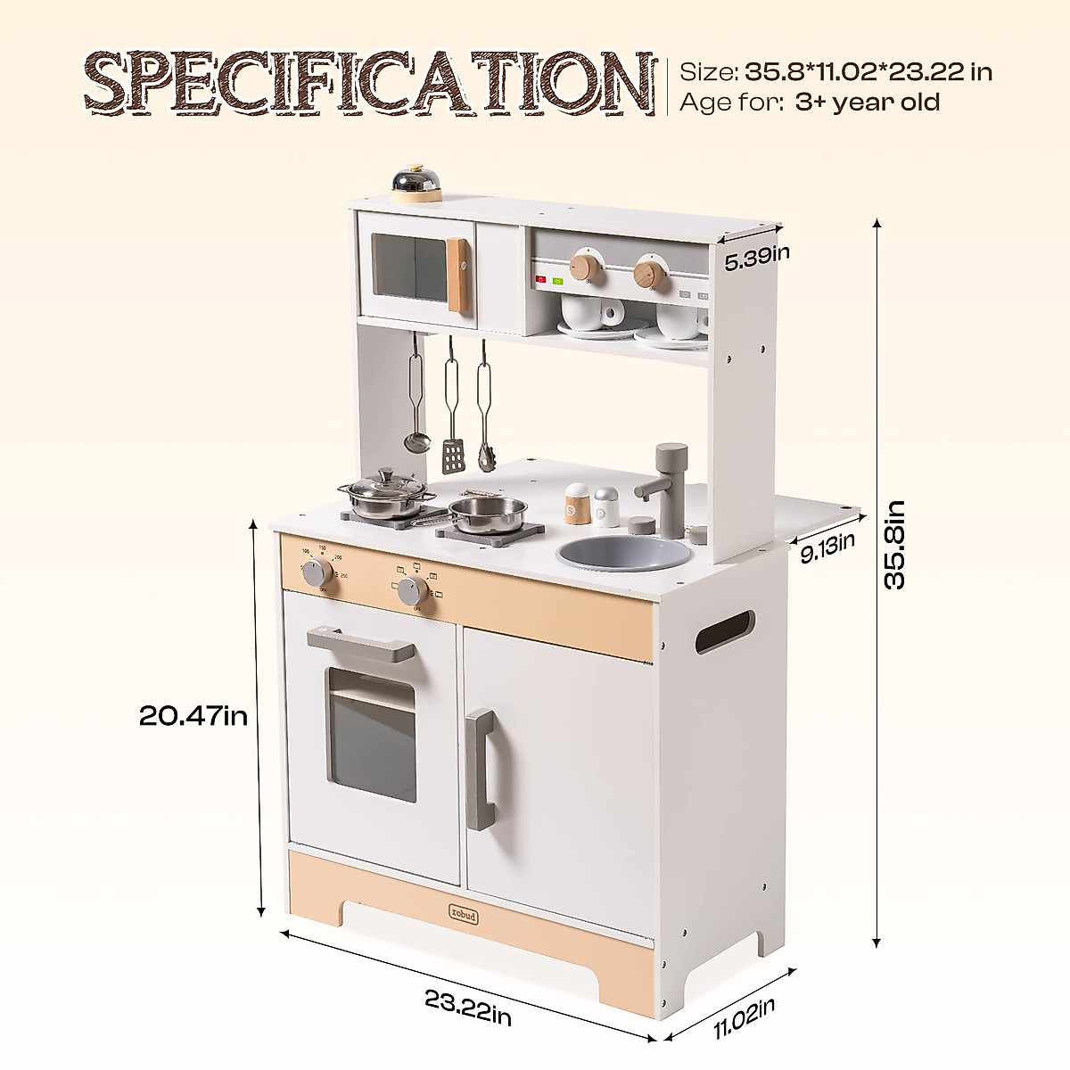 ROBOTIME Play Kitchen, Kids Kitchen Playset, Toy Kitchen Toddler Kitchen Set for Toddlers 1-3 w/Double-Side Pretend Play Stand with Theme Stickers/Dish-Bell for Ages 3+ Boys/Girls