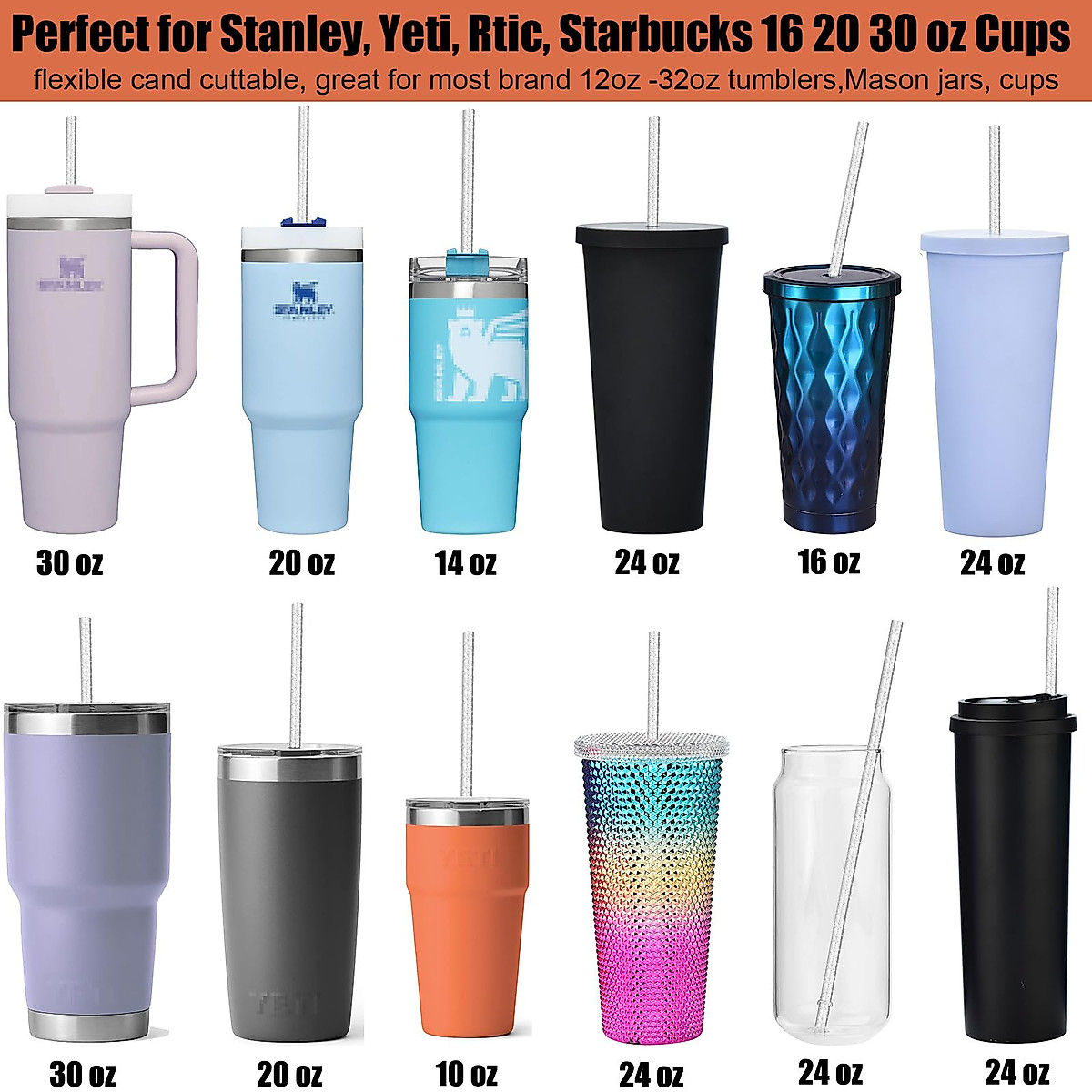 ALINK 12-Pack Reusable Clear Plastic Glitter Straws, 11" Long Hard Tumbler Replacement Straws for 20 OZ 30 OZ Stanley, Yeti/Rtic, Mason Jars with Cleaning Brush