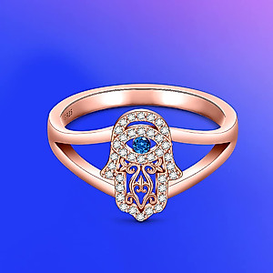 Evil Eye Hamsa Ring Hand of Fatima Rings for Women 925 Sterling Silver Protection Good Luck Spiritual Rose Gold Plated Blue Third Eye Jewelry Dainty Christmas Gifts Size 7