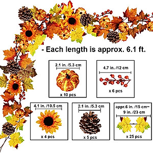 Winlyn Fake Fall Maple Leaf Garland Hanging Vine- 6 Feet - Artificial Berries Sunflower Pumpkin Autumn Decoration for Wedding Party Thanksgiving Dinner Fireplace Door Frame Doorway Backdrop Decor