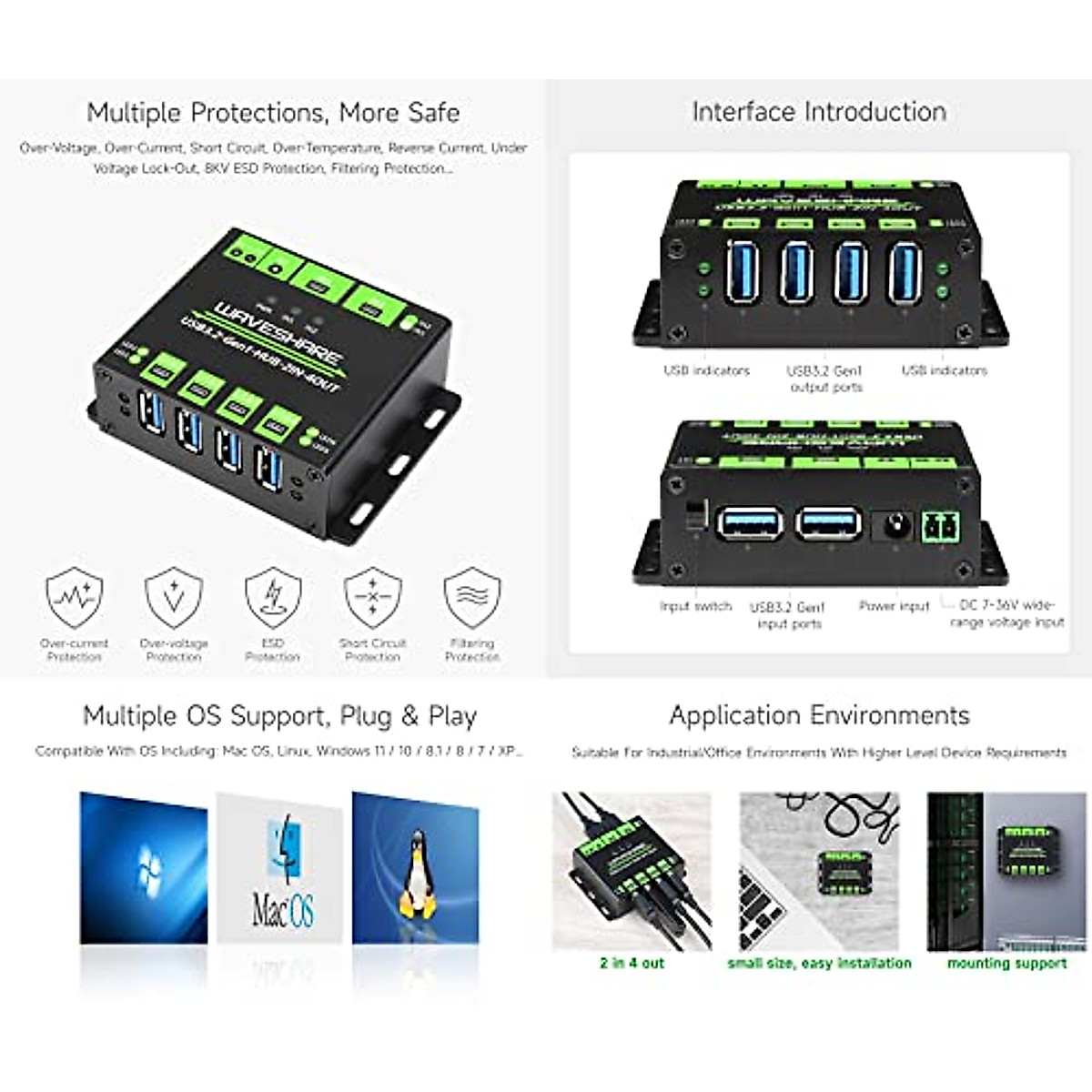 Waveshare Industrial Grade USB HUB, Extending 4X USB 3.2 Ports, Switchable Dual Hosts, Multi Protections
