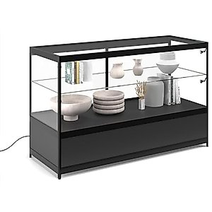 Displays2go 60 Inch Glass Showcase, Hidden Storage, LED Lights, Lockable Sliding Door - Black (IAPHV60LED)