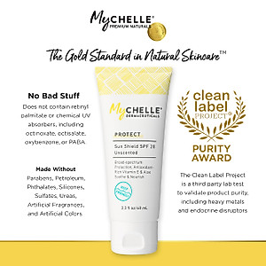 MyCHELLE Dermaceuticals Sun Shield SPF 28 Unscented (2.3 Fl Oz) - Soothing Reef Safe Sunscreen with Vitamin E and Aloe - TSA Approved. Liquid Zinc Sunscreen for Face and Body